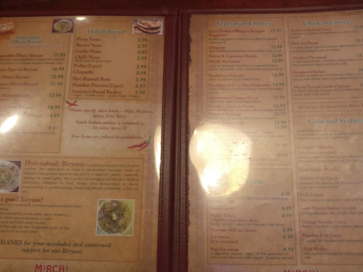 Menu at Mirchi Homestyle Indian Cuisine restaurant, Edison