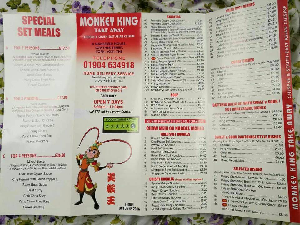 Menu at Monkey King Chinese restaurant, York