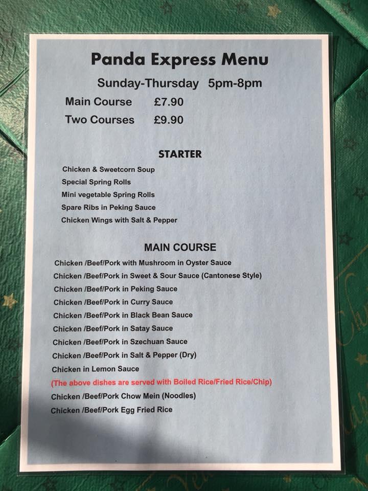 Menu at Panda restaurant, Stokesley