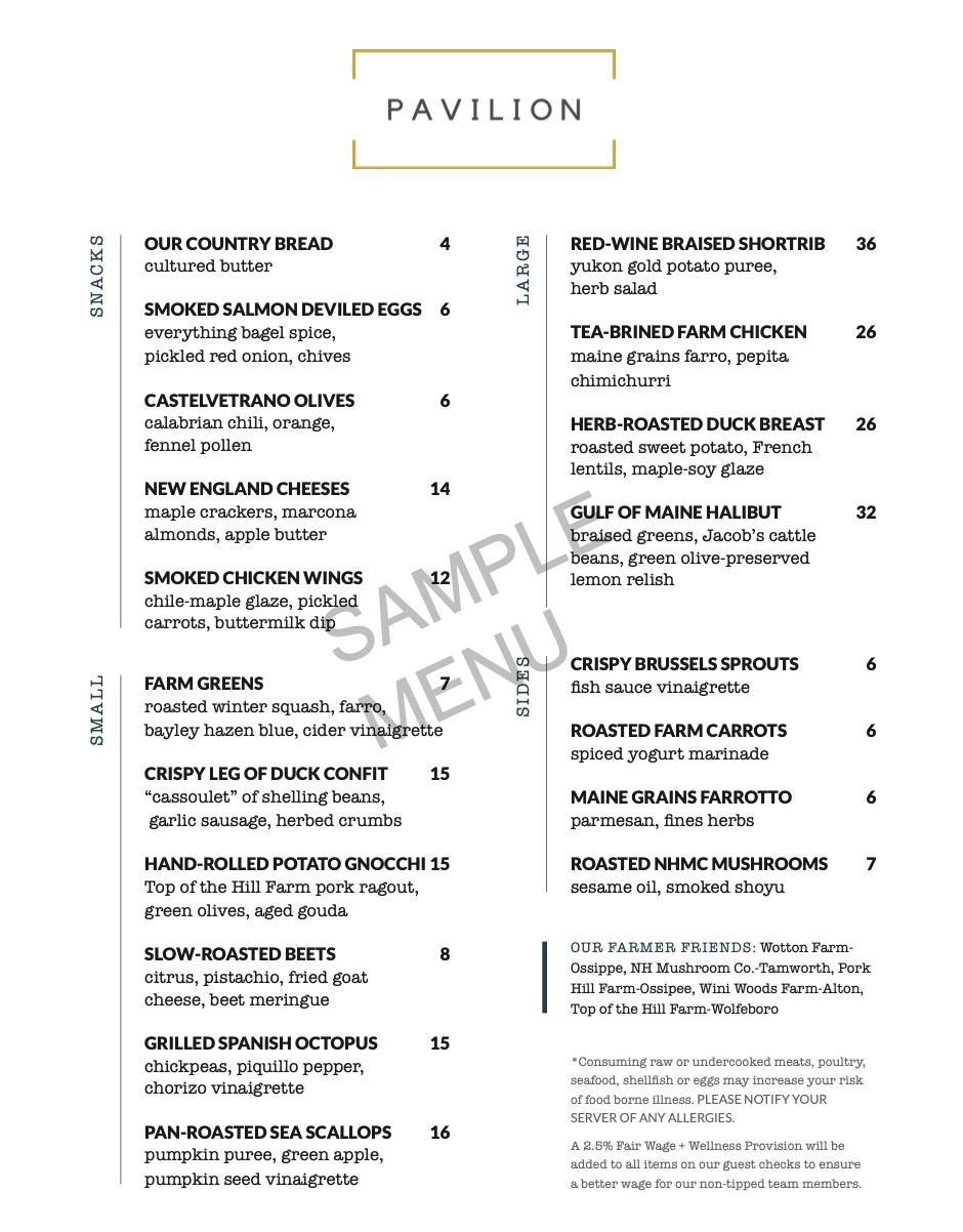 Menu at Pavilion restaurant, Wolfeboro