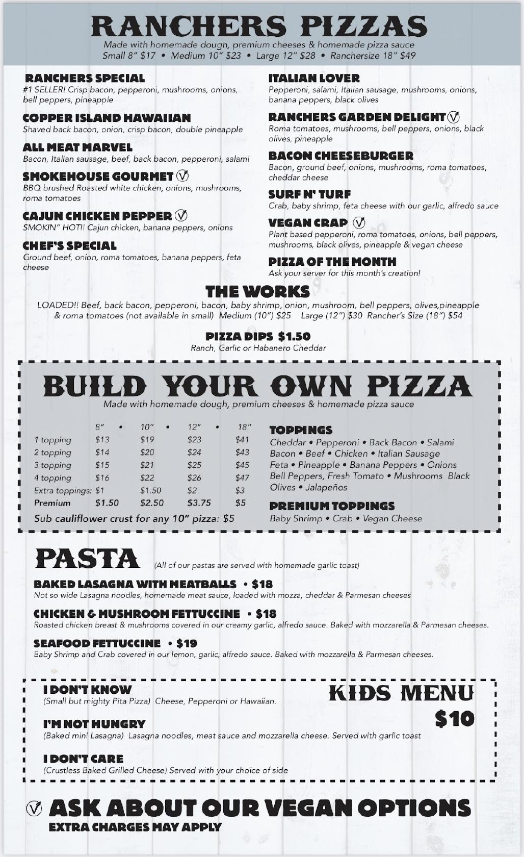 Menu at Rancher's Pizzeria and Bar, Blind Bay