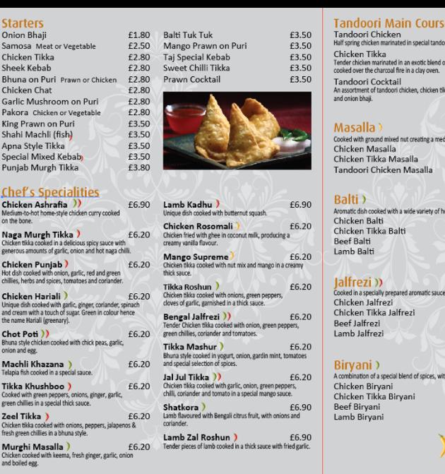 Menu at Taj Balti Hut fast food, Boldon Colliery