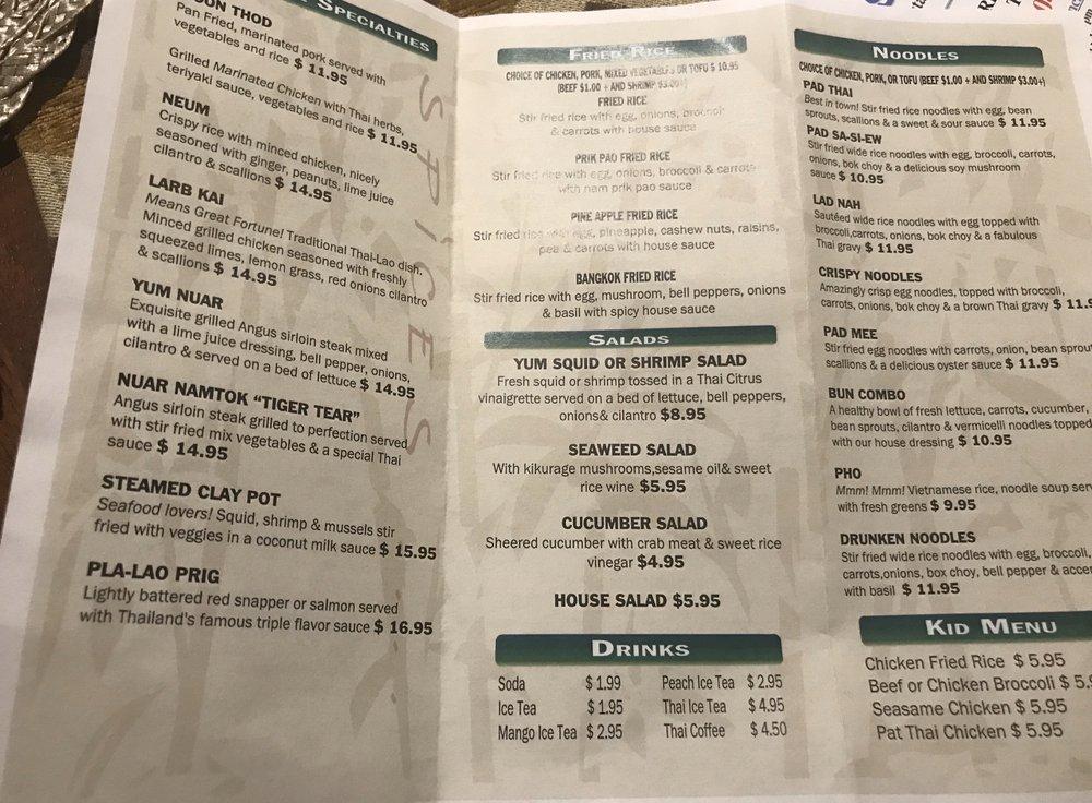 Menu at Thai Lao and Pho restaurant, San Antonio