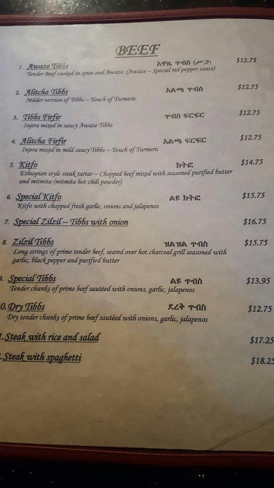 Menu at Awash restaurant, Los Angeles