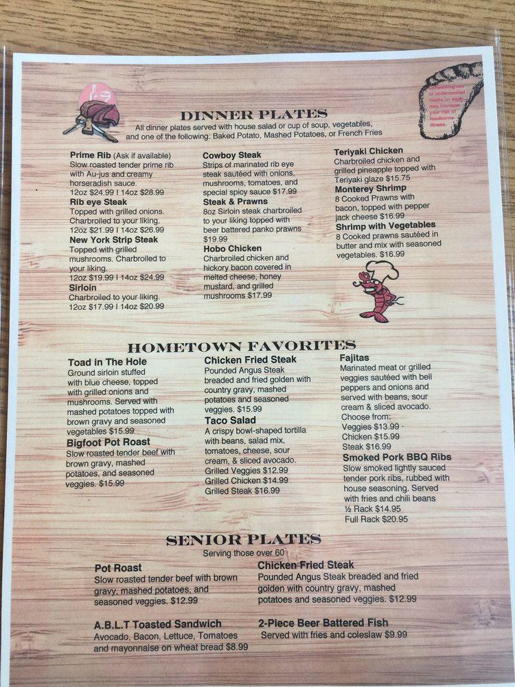 Menu at Bigfoot Steakhouse, Willow Creek