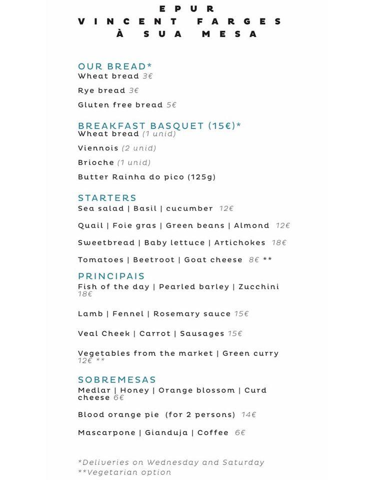 Menu at Epur restaurant, Lisbon