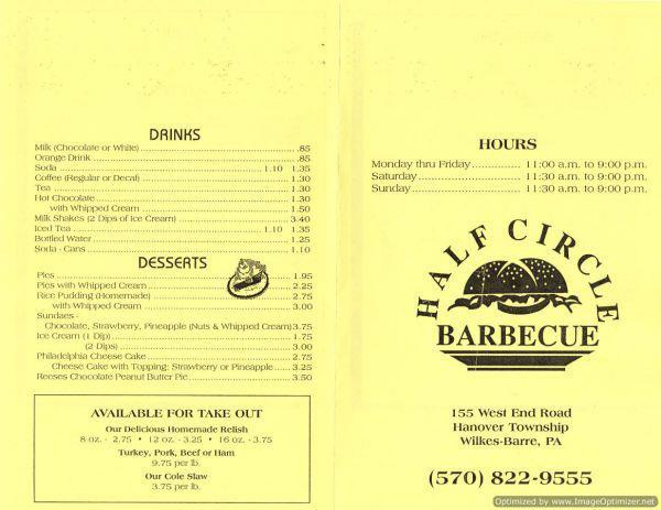 Menu at Half Circle Barbecue, Ashley