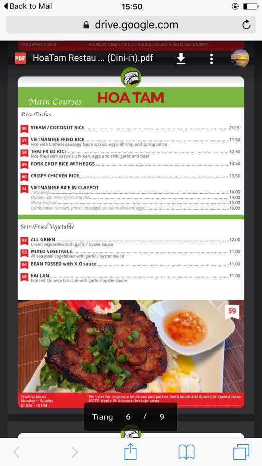 Menu at Hoa Tam restaurant, Gilles Plains