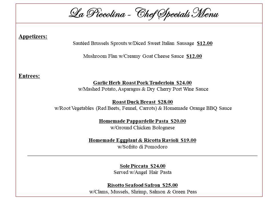 Menu at La Piccolina restaurant, New Milford, 27 Main St