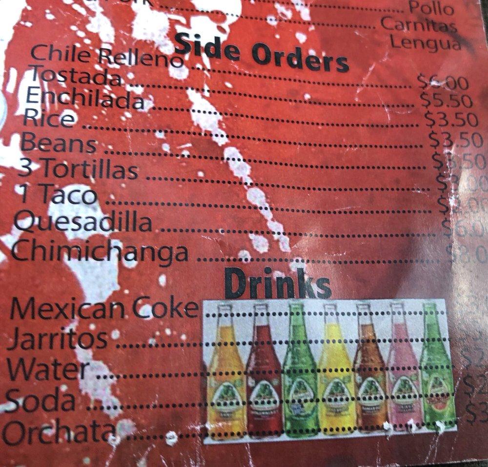 Menu at Mi Pueblito Taco Bus restaurant, Big Sky