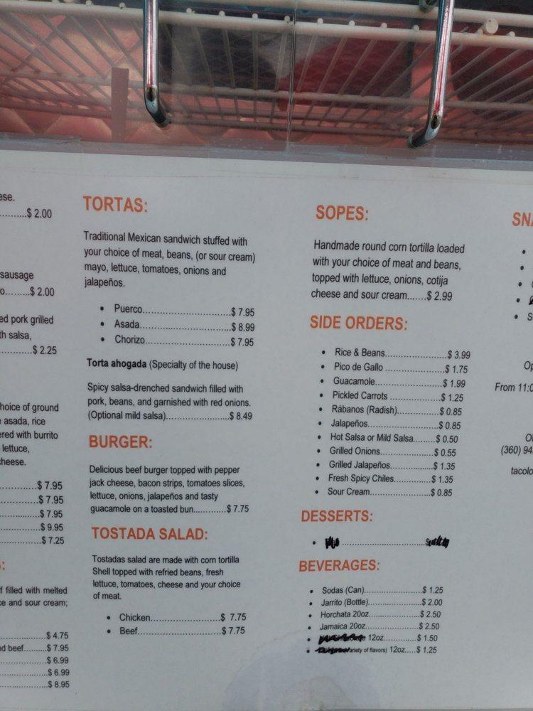Menu at Taco-Lote restaurant, Olympia