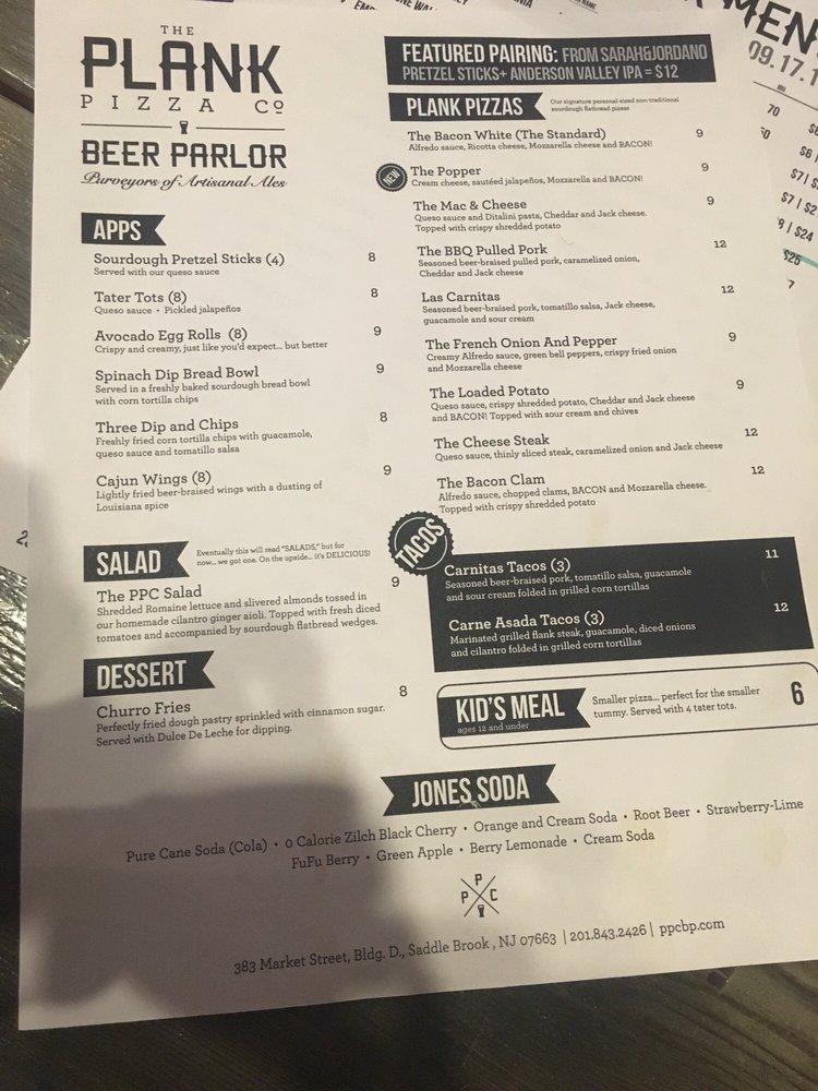 Menu at The Plank Pizza Co Beer Parlor pizzeria, Saddle Brook