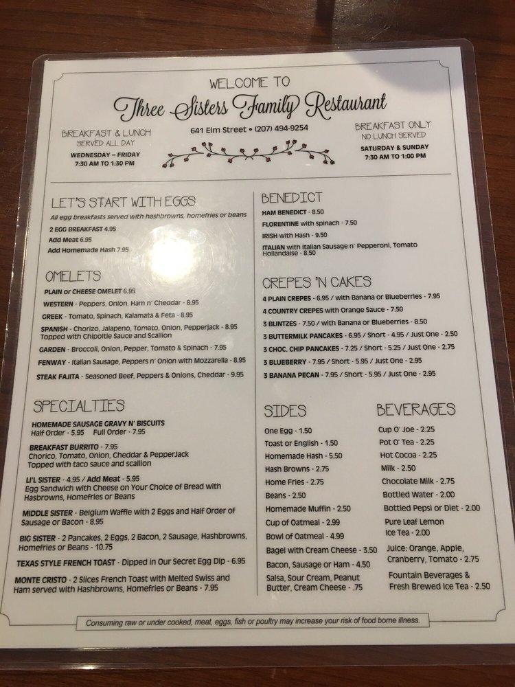 Menu at Three Sisters Family Restaurant, Biddeford