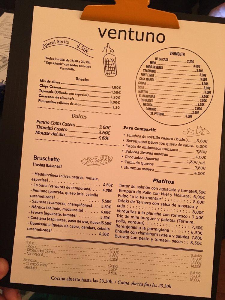Menu at Ventuno pub & bar, Barcelona