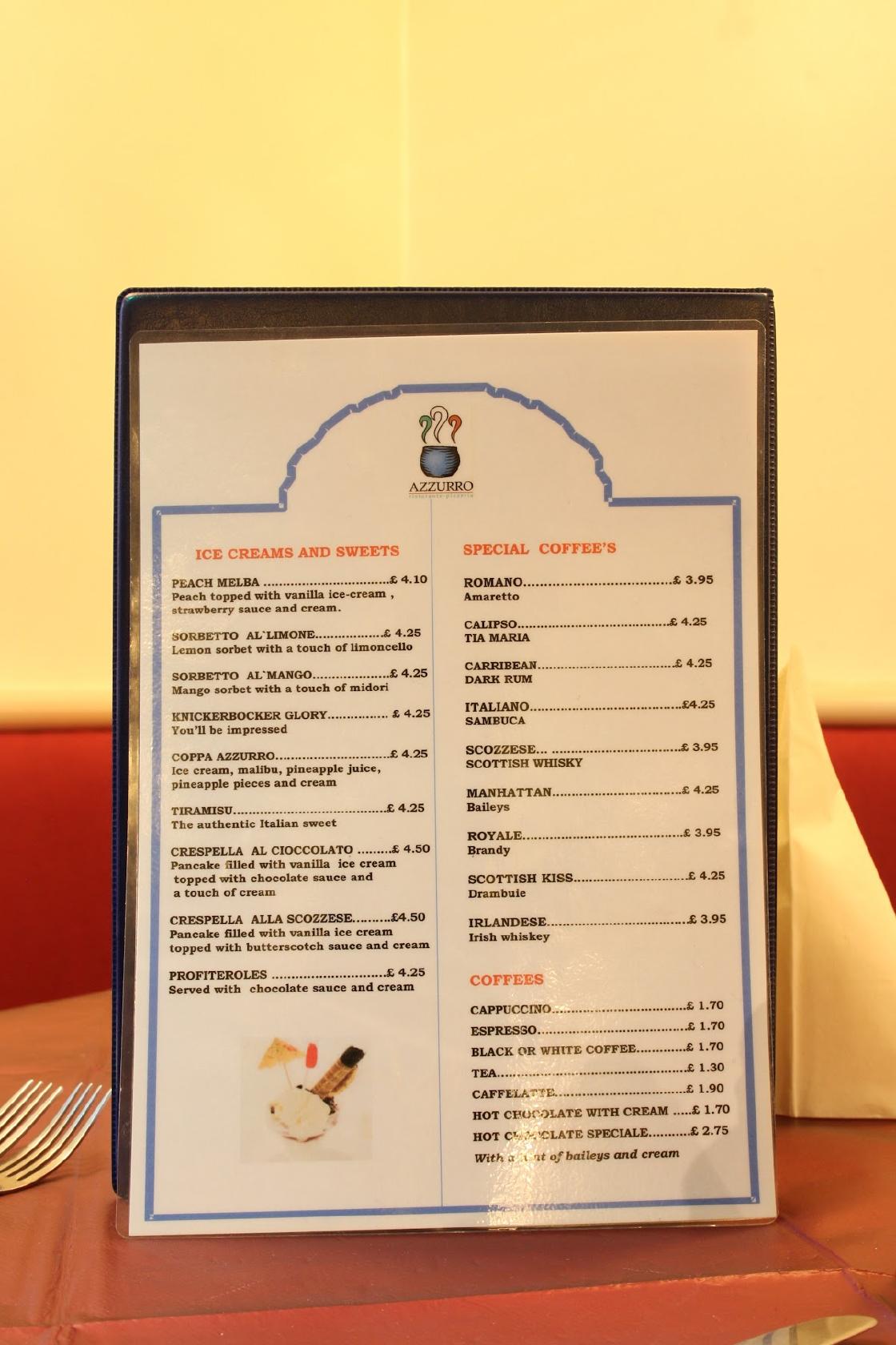 Menu at Azzurro Restaurant Pizzeria, Arbroath