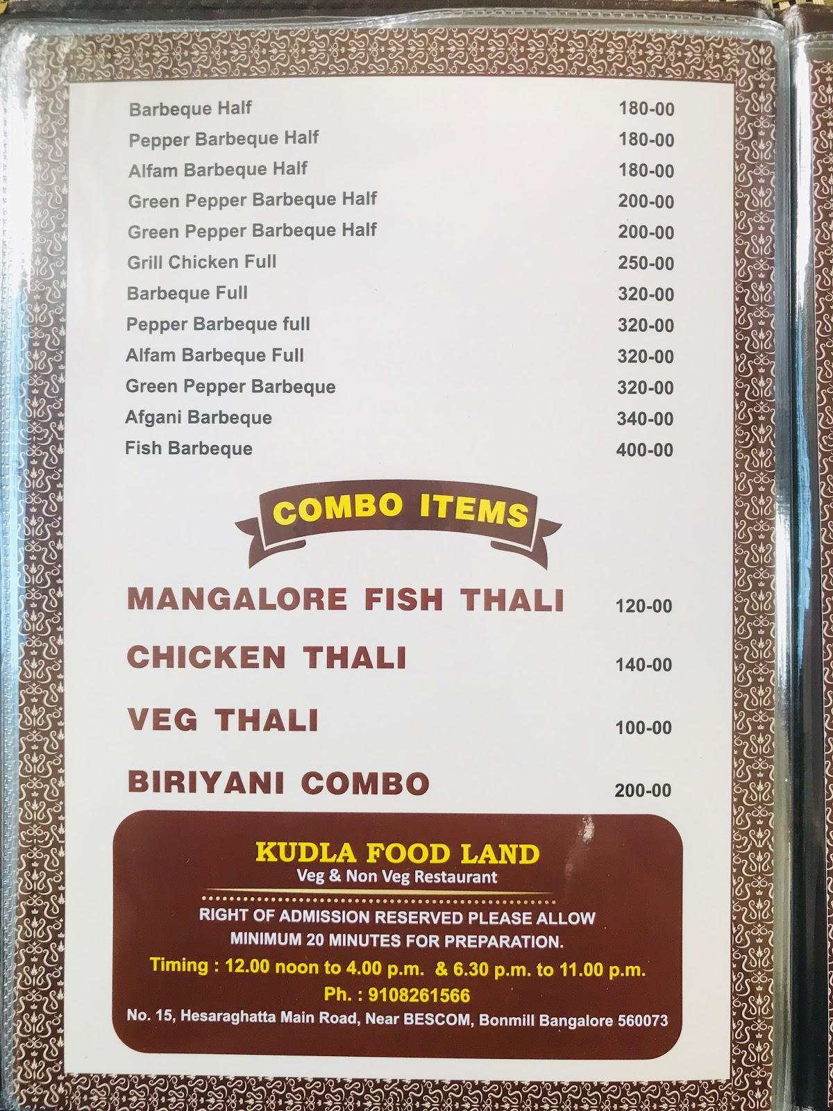 Menu at Kudla food land, Bengaluru, Bus Stop