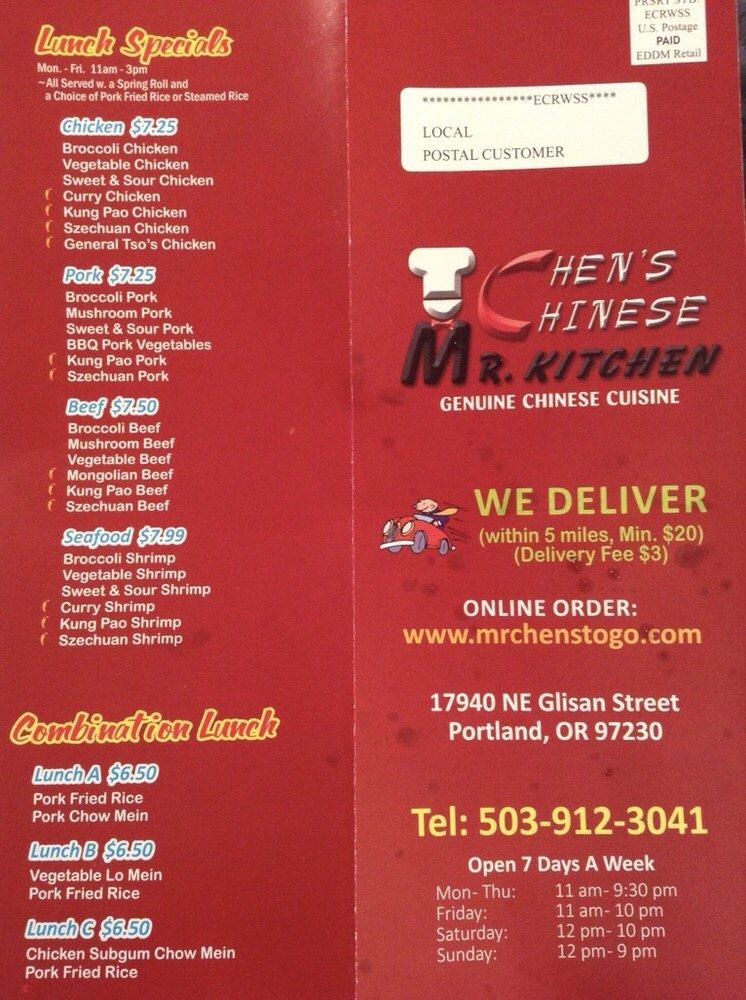 Menu at Mr. Chen's Chinese Kitchen restaurant, Portland