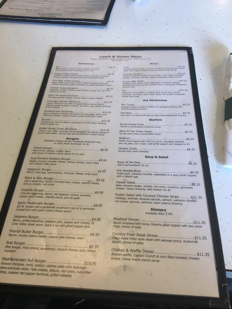 Menu at Oasis Cafe, Stillwater, 806 Main St S