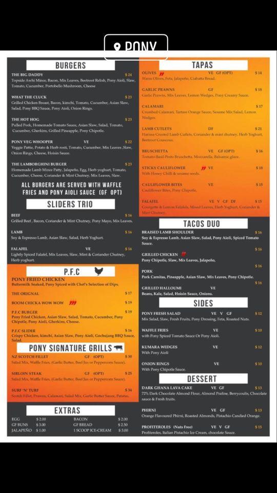 Menu at Pony. Tapas Bar, Cambridge
