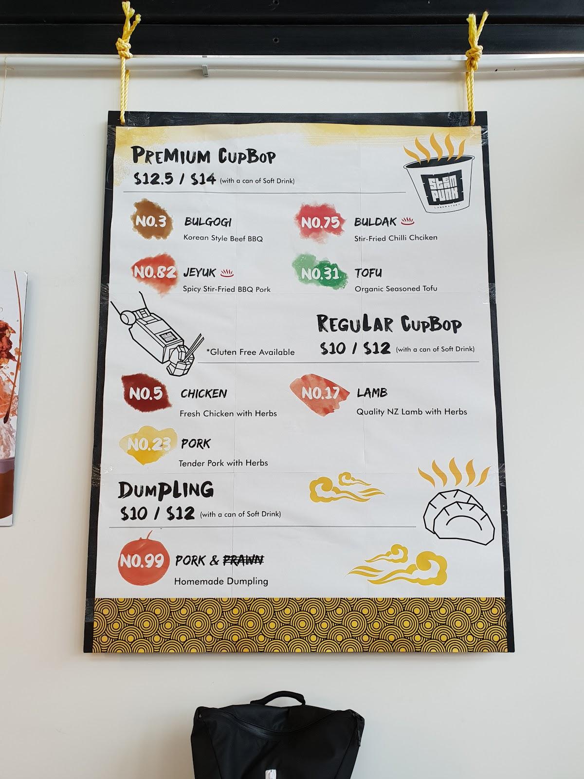 Menu at Steampunk Laboratory restaurant, Christchurch