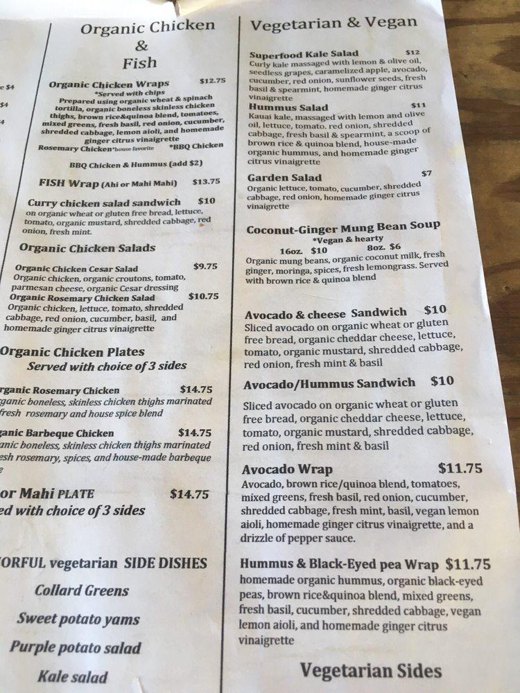 Menu at The Greenery Cafe, Lihue