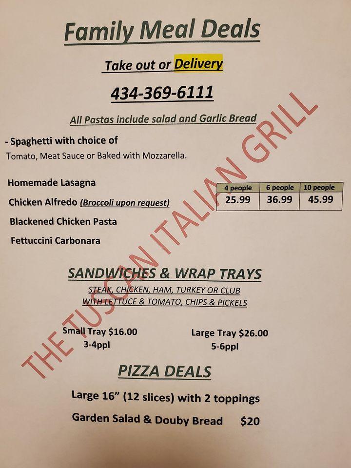 Menu at The Tuscan Italian Grill restaurant, Altavista, Dearing Ford Rd