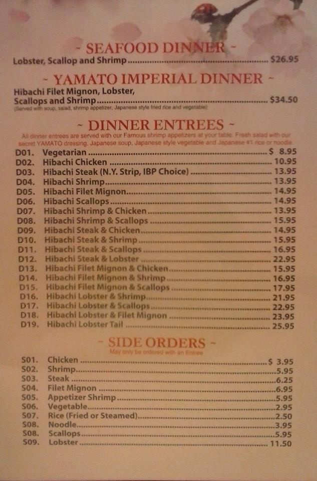 Menu at Yamatos Japanese Restaurant, South Boston