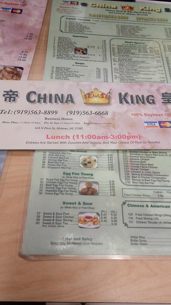 Menu at China King restaurant, Mebane, 618 N First St