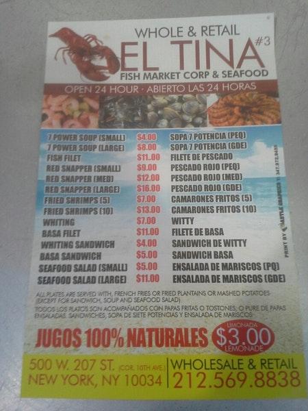 Menu at El Tina Fish Market restaurant, New York City