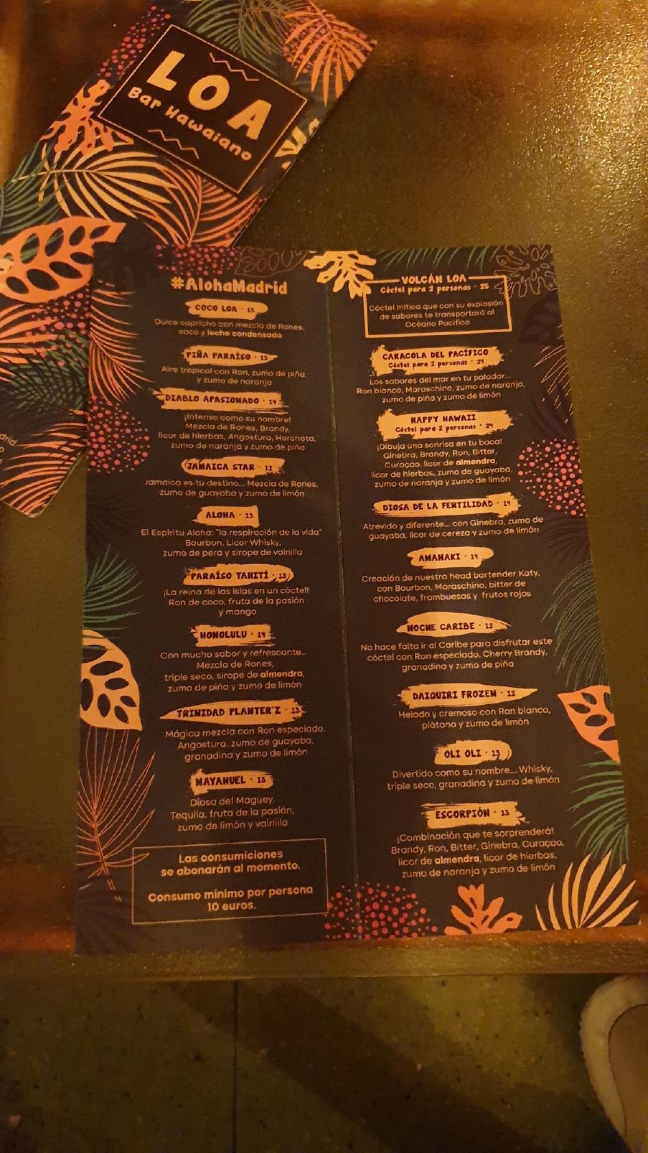 Carta de Loa Bar Hawaiano, Madrid