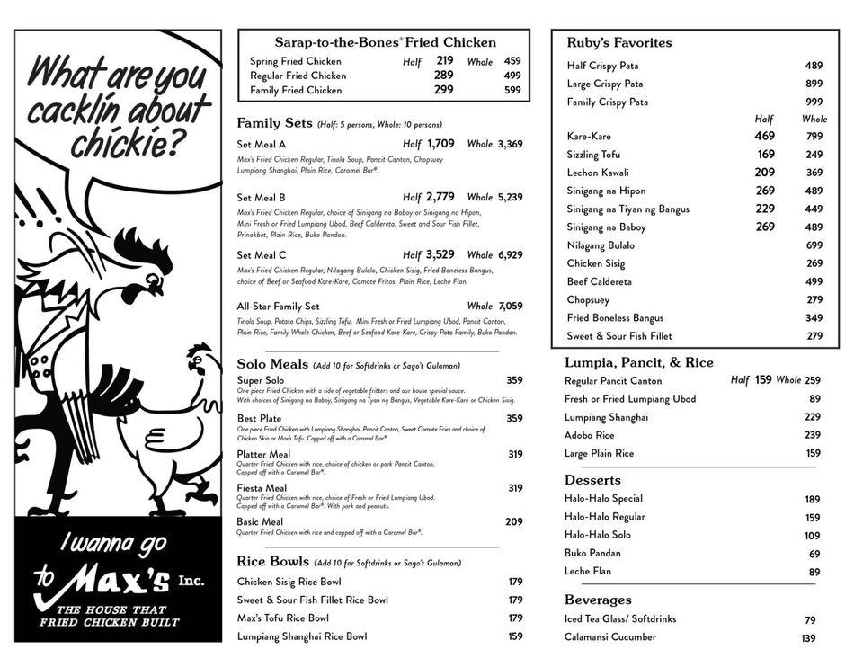 Menu at Max's Restaurant, Calapan, Highway