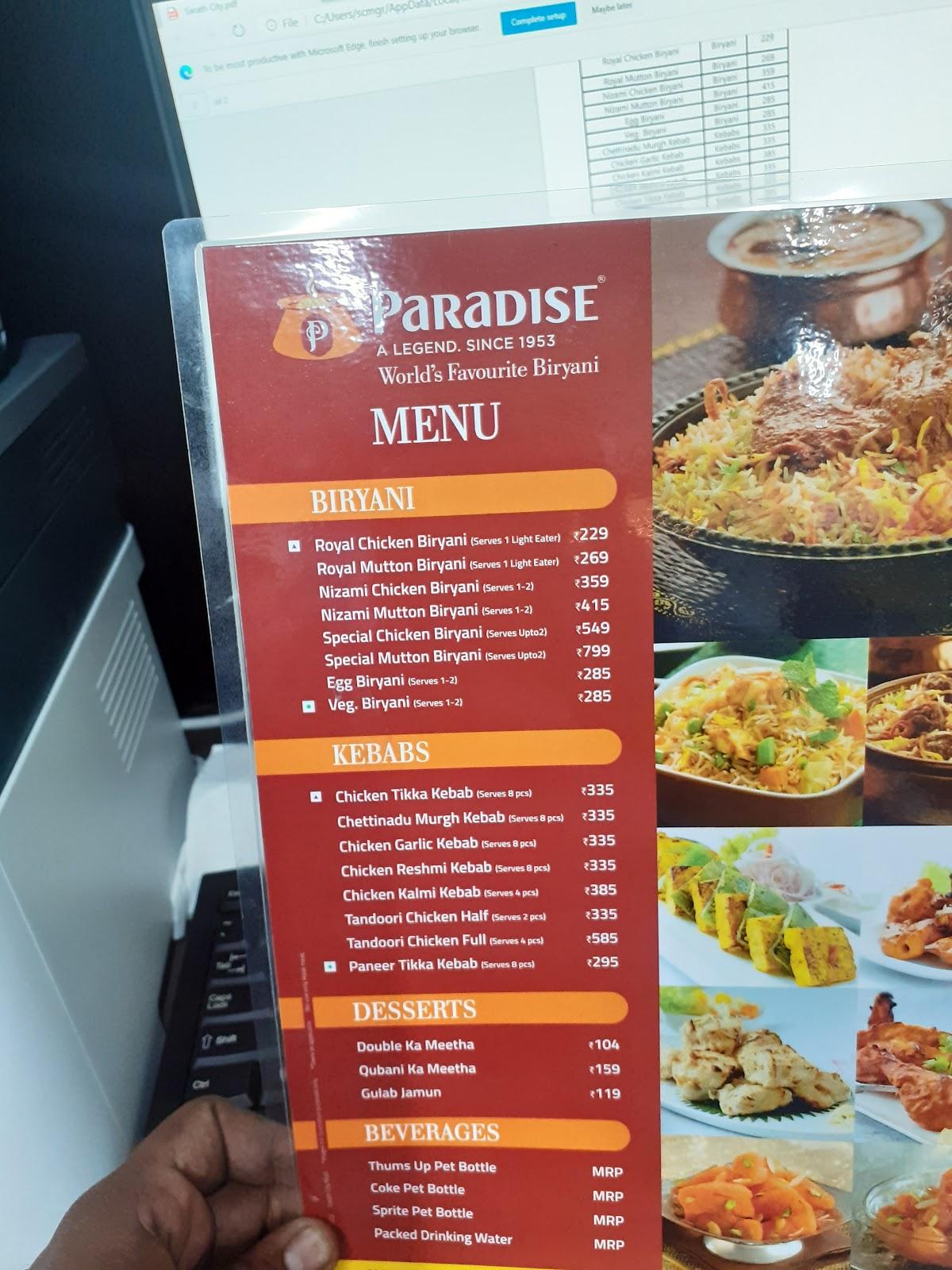 Menu at Paradise Biryani Sarath City Mall, Hyderabad