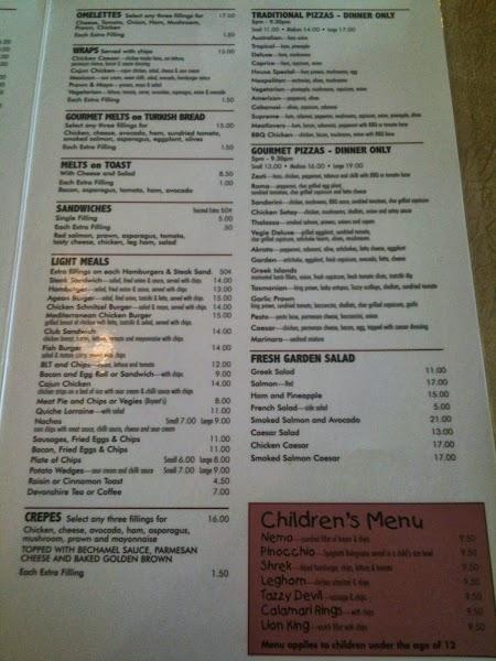 Menu at Paragon Cafe, Goulburn