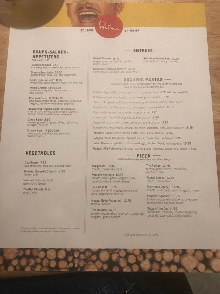 Menu at Pastaria pizzeria, Nashville