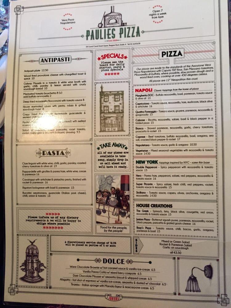 Menu at Paulies Pizza pizzeria, Dublin