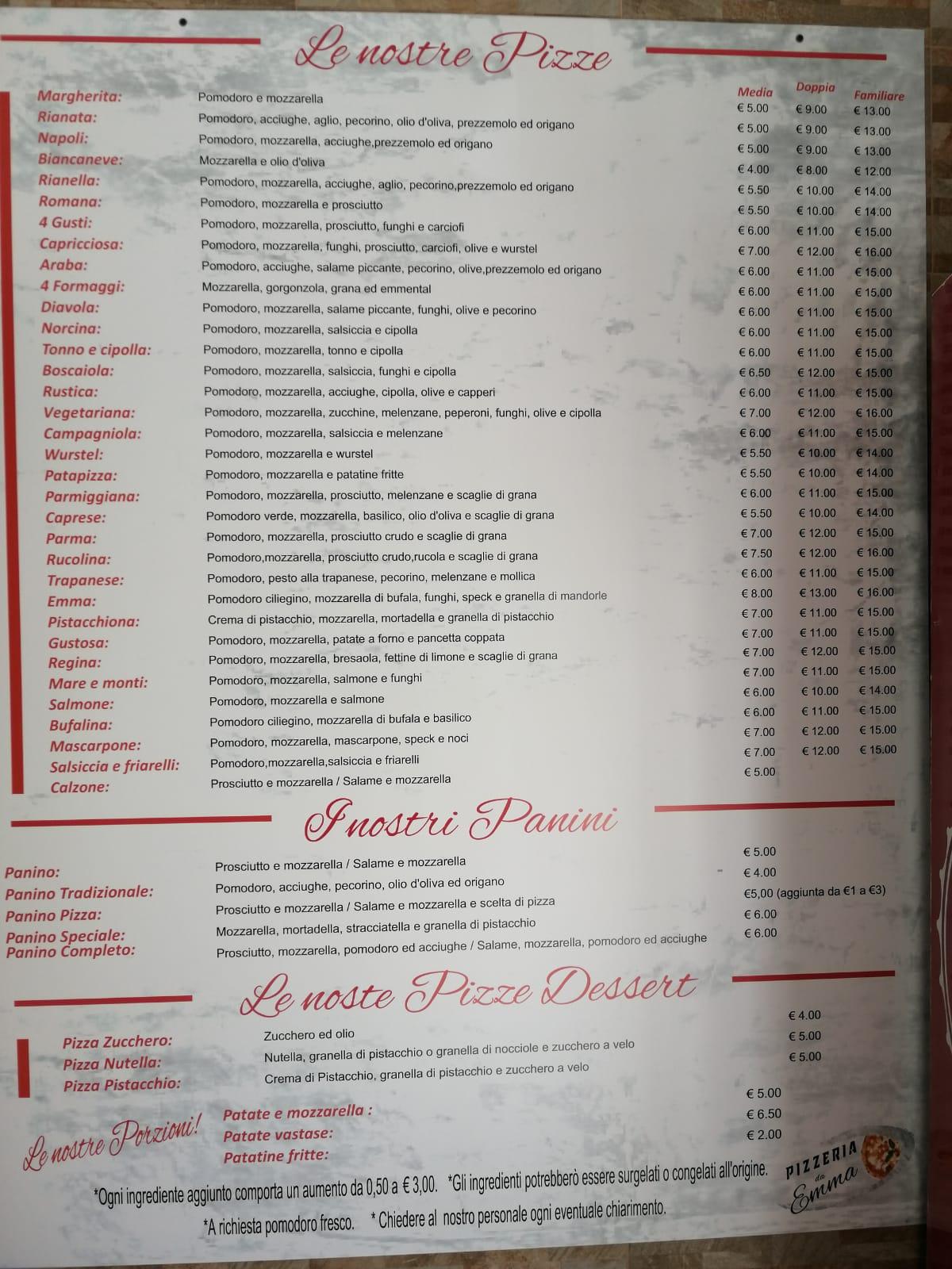 Menu at Pizzeria da Emma, Trapani