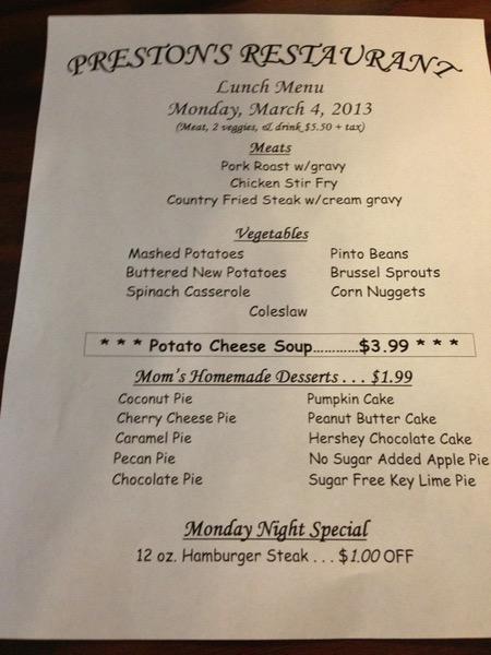Menu at Preston’s restaurant, Lexington