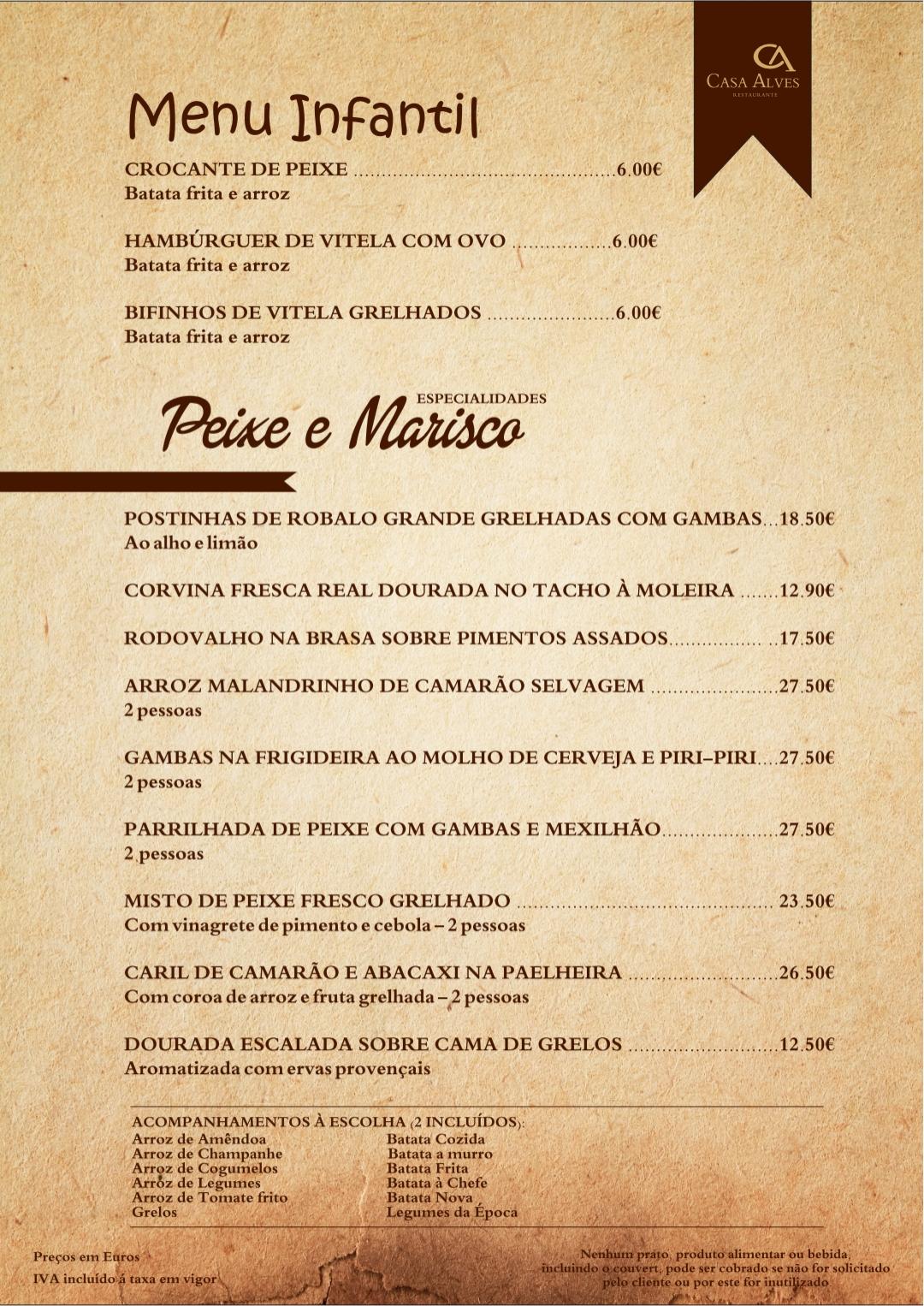 Menu at Restaurante Casa Alves, Braga