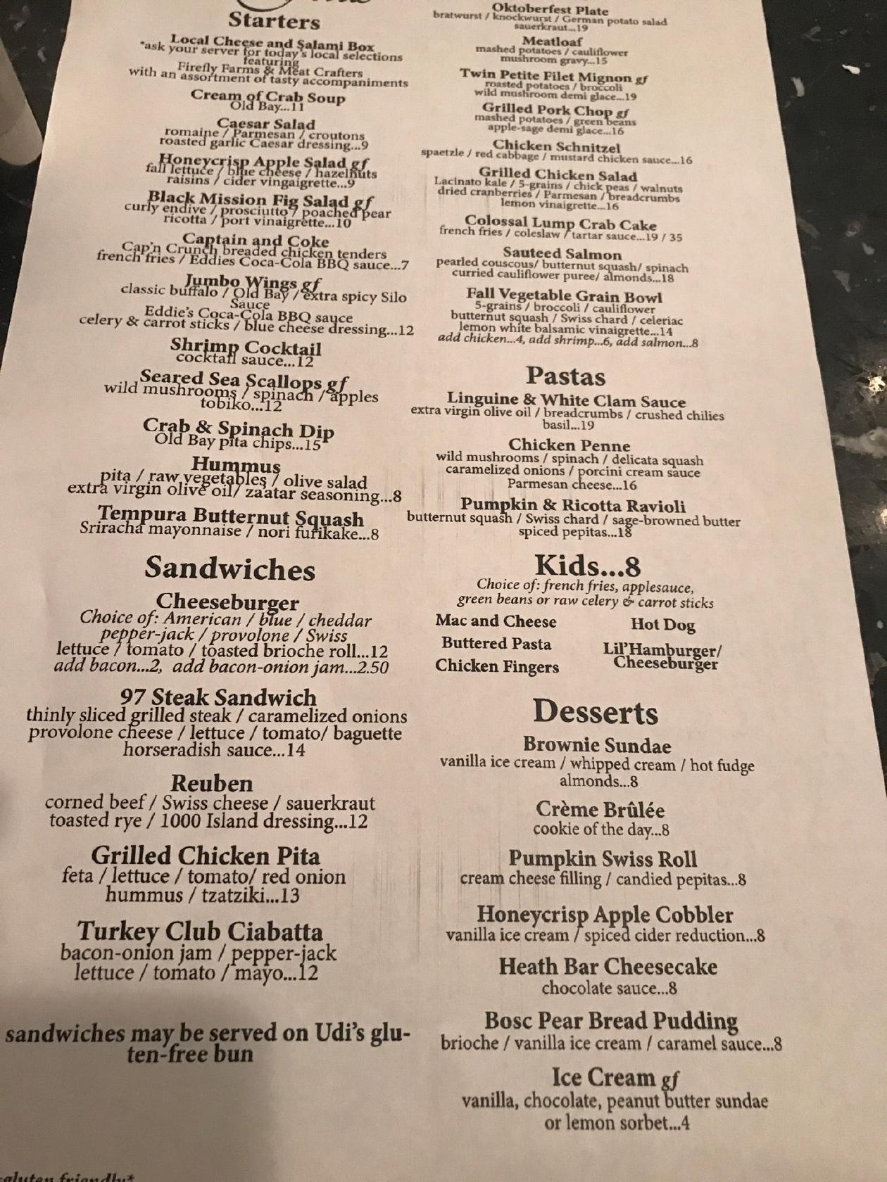 Menu at Silo Falls Restaurant/Bar, Brookeville