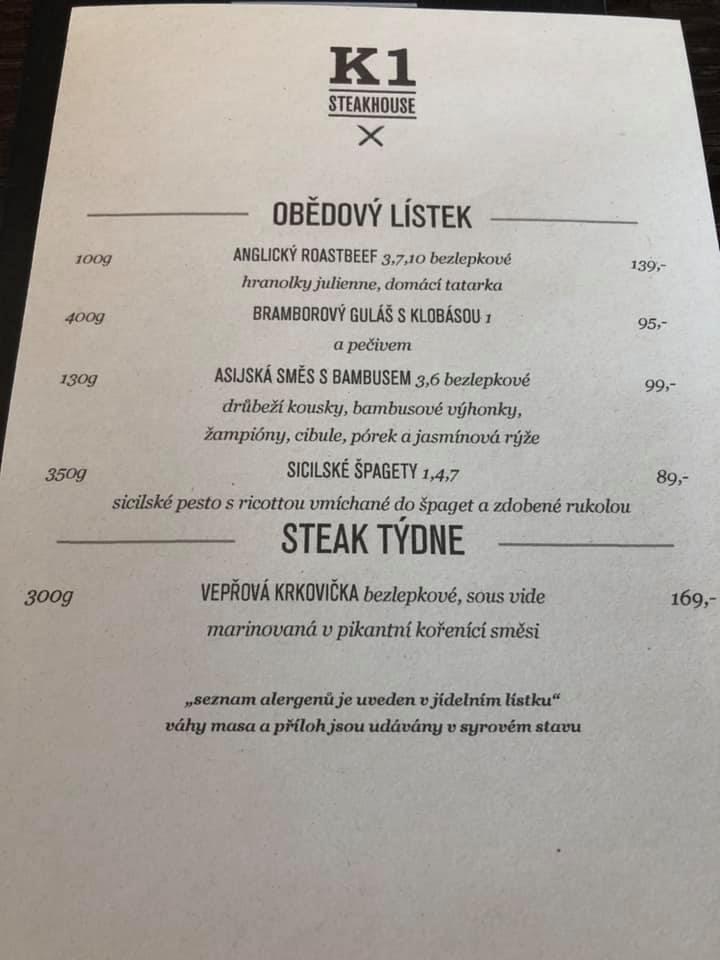 Menu at Steak House K1 steakhouse, Brno, Bubeníčkova 11