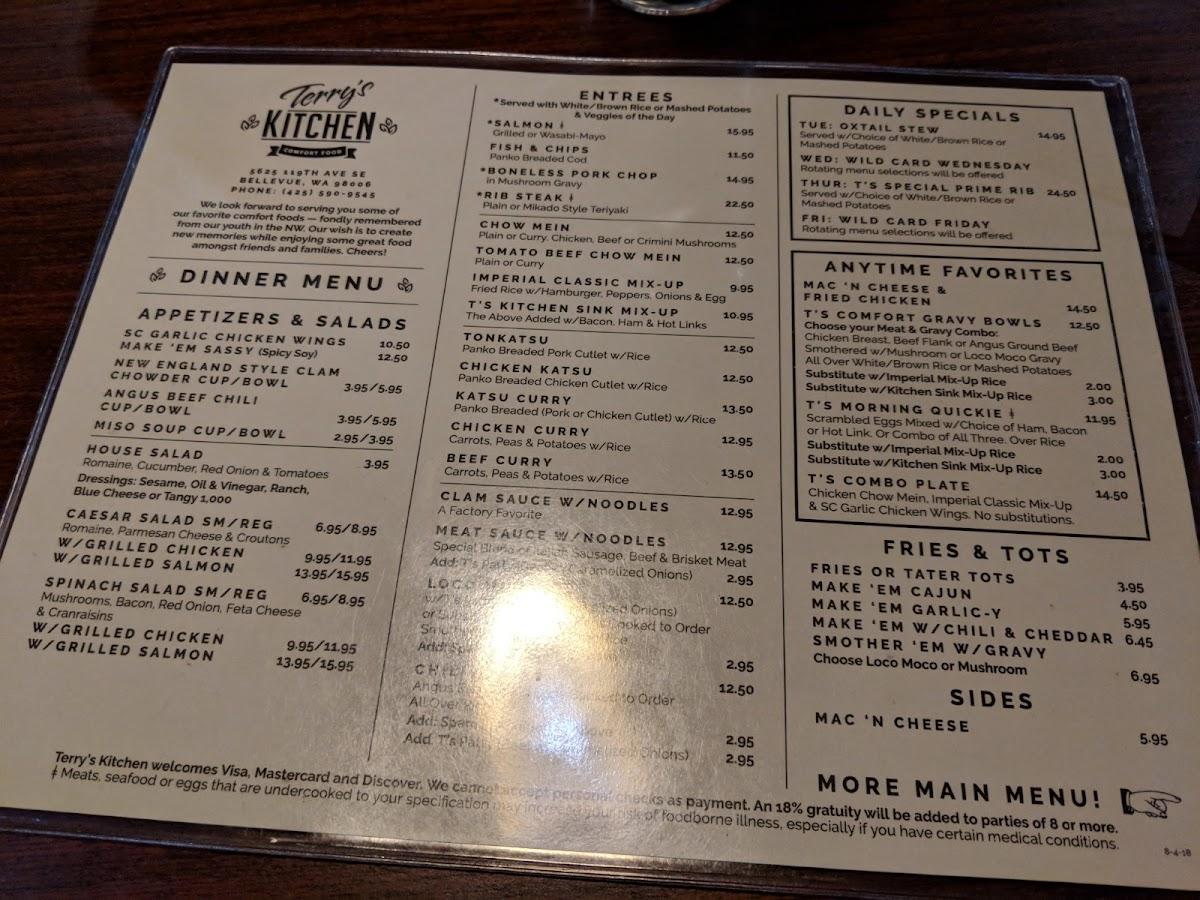 Menu at Terry's Kitchen restaurant, Bellevue
