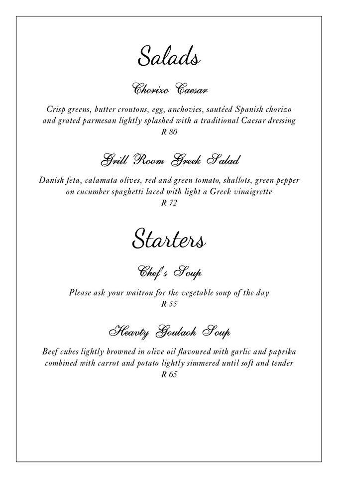 Menu at The Grill Room restaurant, East London