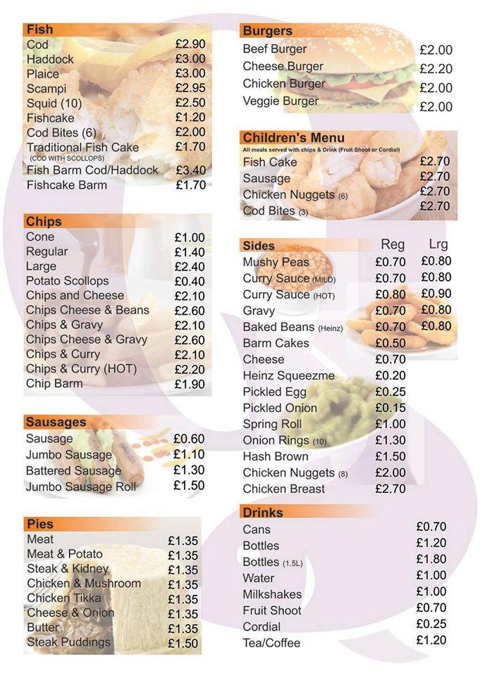 Carta de comida rápida The Queen Vic Fish and Chips, Preston