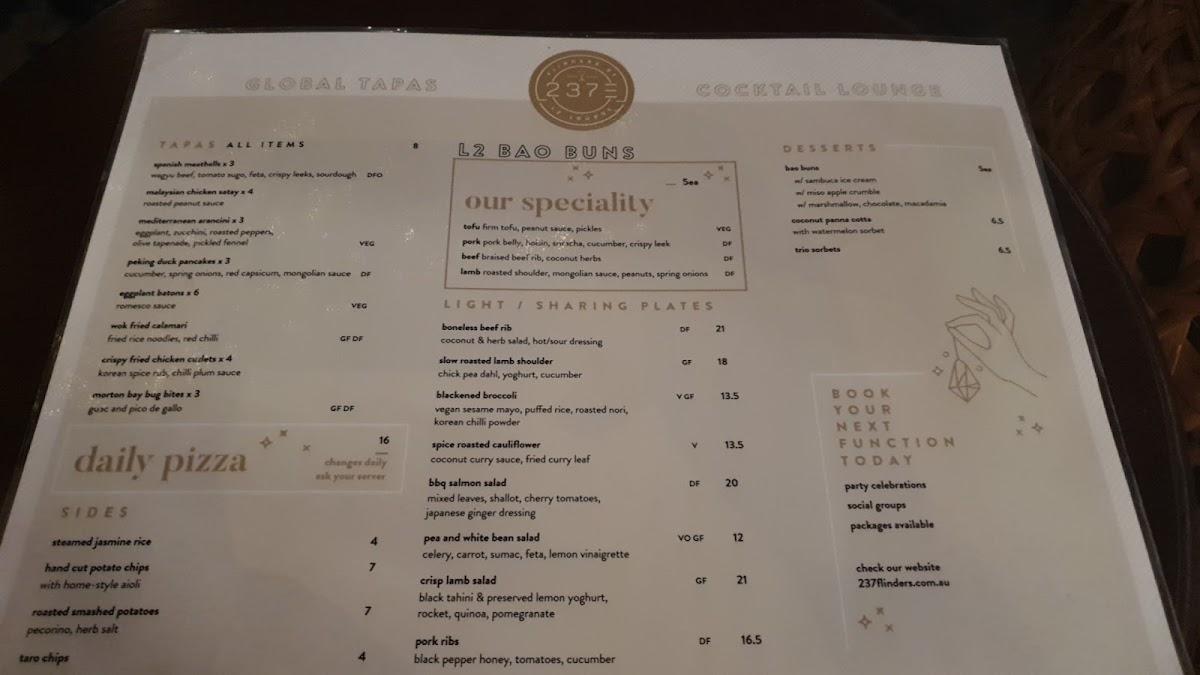 Menu at 237 Flinders Street pub & bar, Townsville