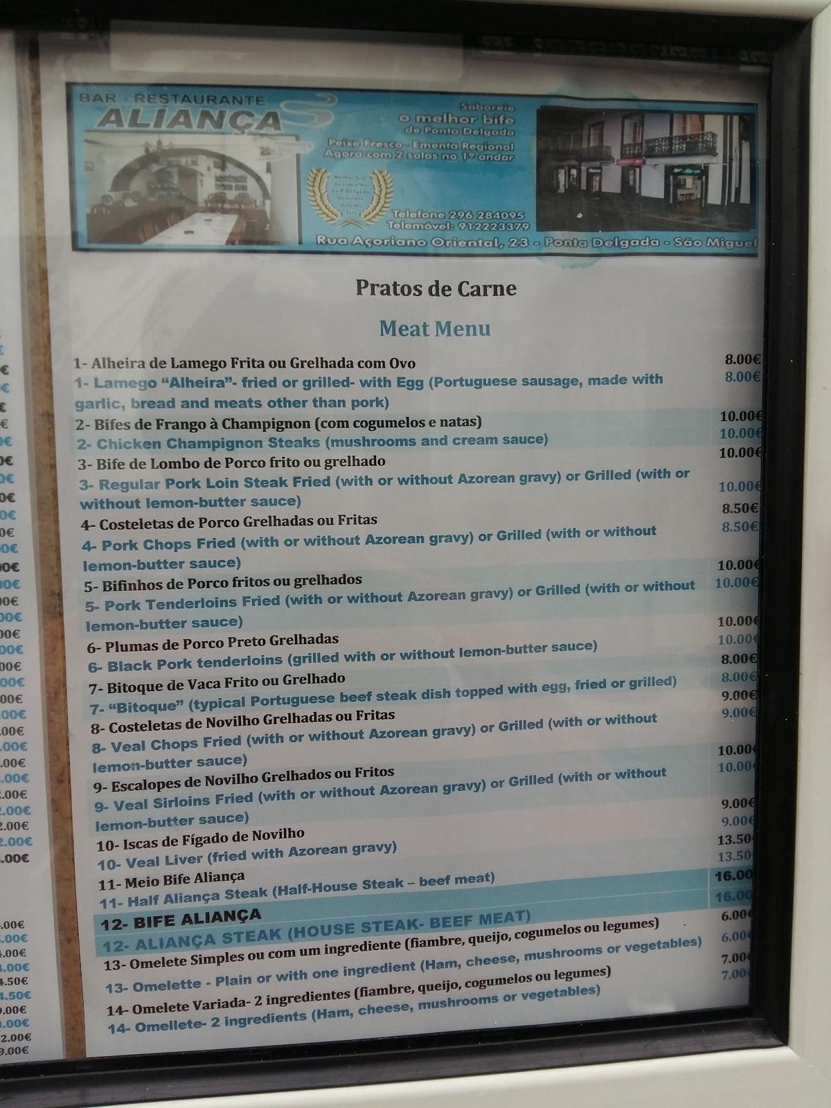 Menu em Bar-Restaurante Aliança, Ponta Delgada