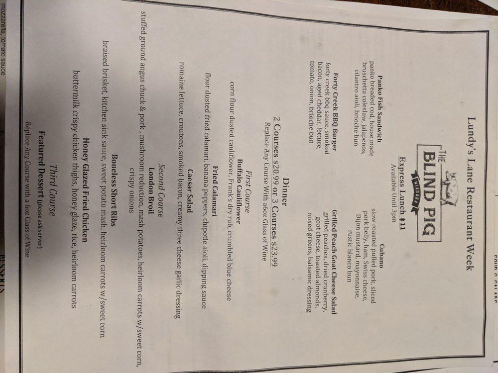 Menu at Blind Pig pub & bar, Niagara Falls