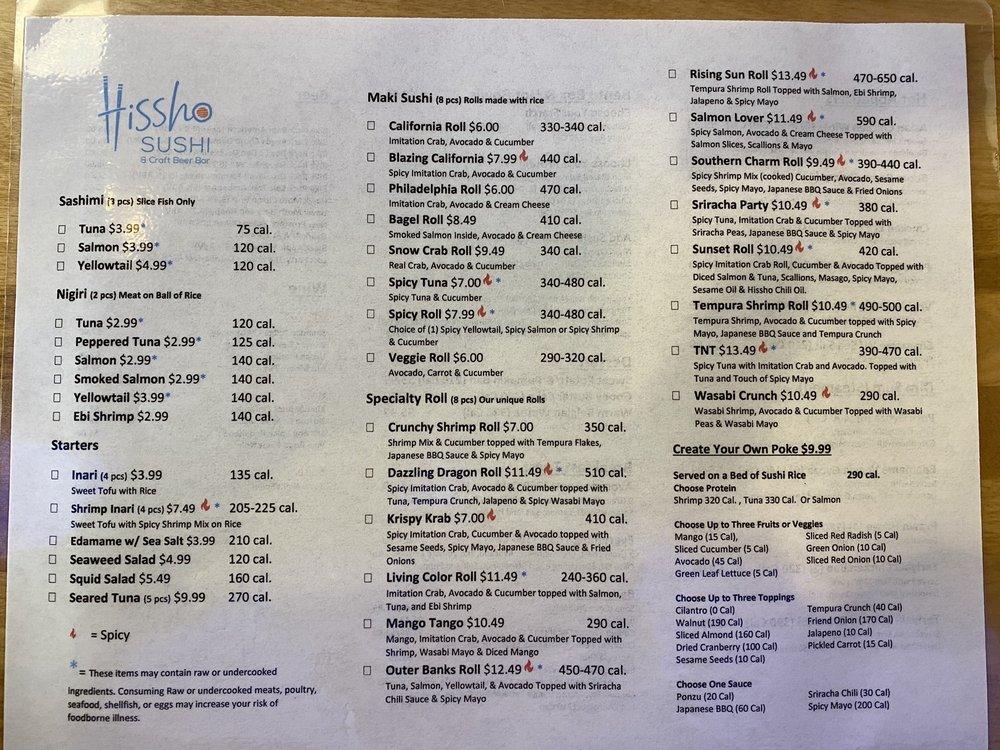 Menu at Hissho Sushi restaurant, Rogers