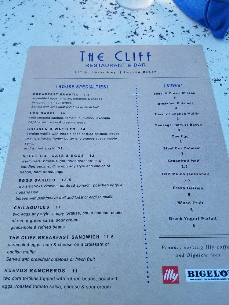 Menu at The Cliff Restaurant, Laguna Beach