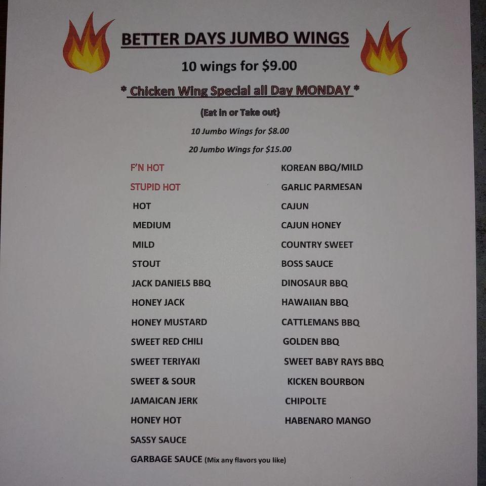 Menu at Better Days Pub & Eatery, Wellsville
