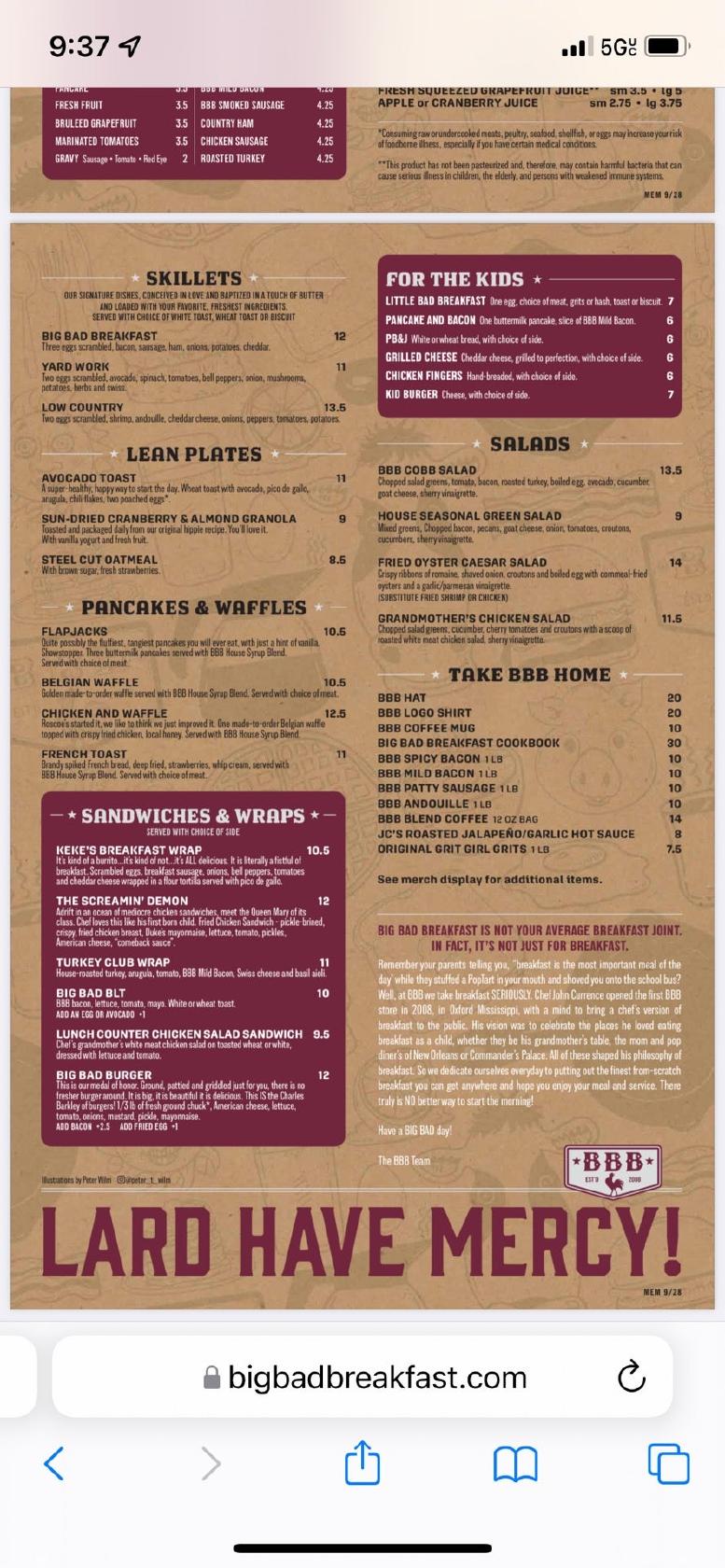 Menu at Big Bad Breakfast - East Memphis pub & bar, Memphis